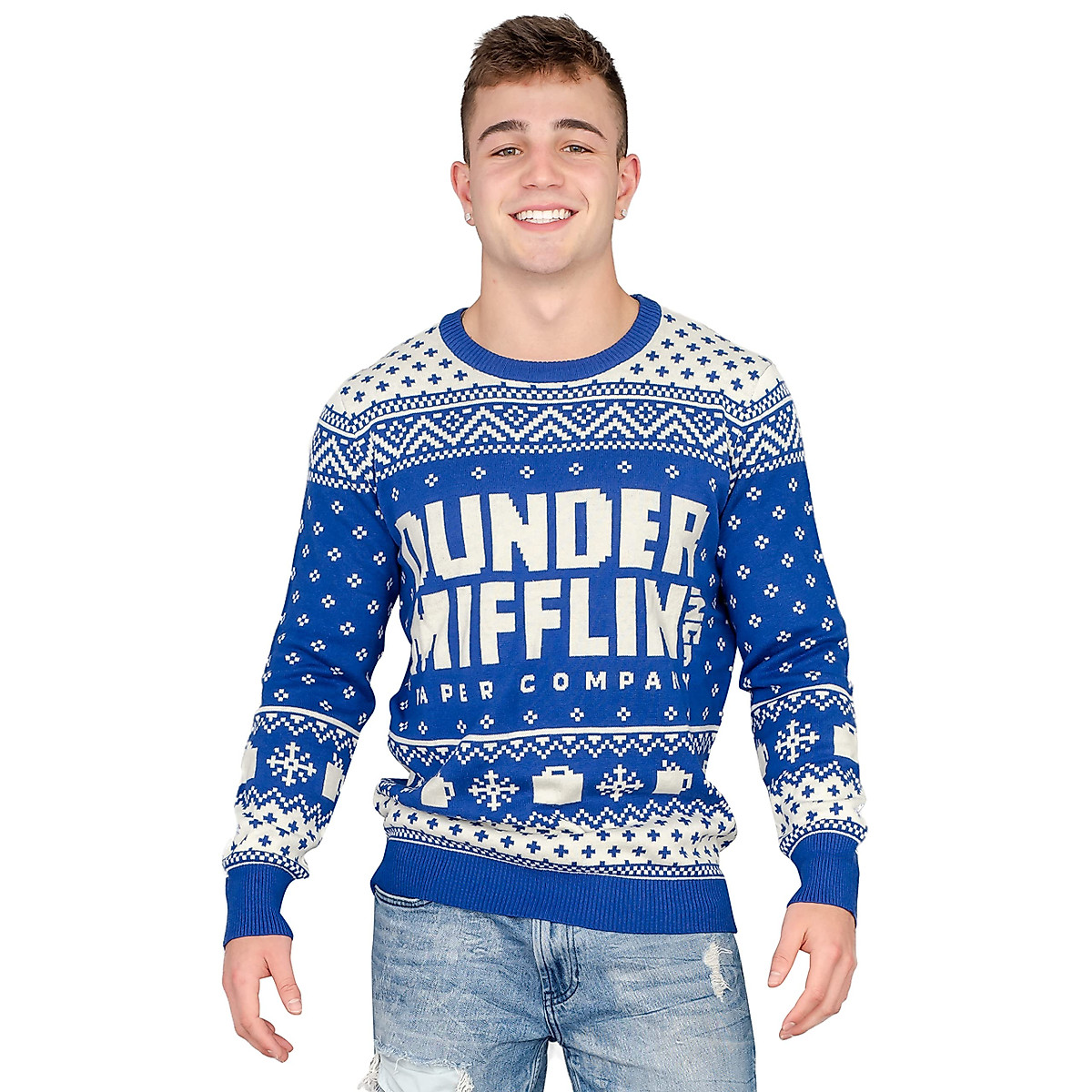Ripple Junction The Office Dunder Mifflin Blue Ugly Christmas Sweater (XX-Large)