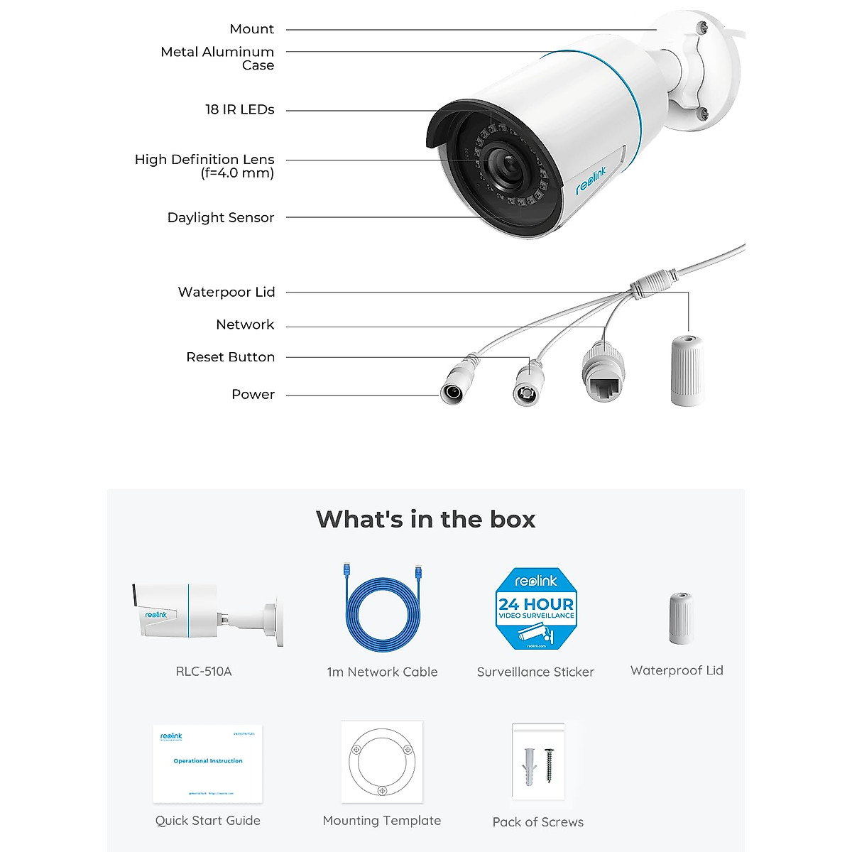 REOLINK Security IP Camera Outdoor, 5MP Home Surveillance Outdoor Indoor PoE Camera, Human/Vehicle Detection, 100Ft IR Night Vision, Work with Smart Home, Up to 256GB Micro SD Card, RLC-510A