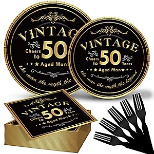 Horchen 98 Pieces 50th Birthday Decorations for Men 50th birthday Plates Vintage Aged Party Tableware Set Include plates, paper napkins, forks 50th birthday plates for 24 Guests