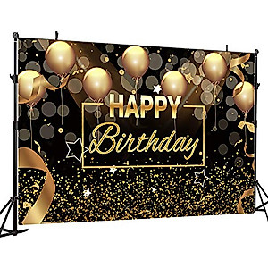 Sensfun Black Gold Happy Birthday Backdrop Sparkle Glitter Golden Balloon Bokeh Circles Dots Photography Background Men Women 30th 40th 50th 60th Birthday Party Decorations Photo Banner Prop 7x5ft