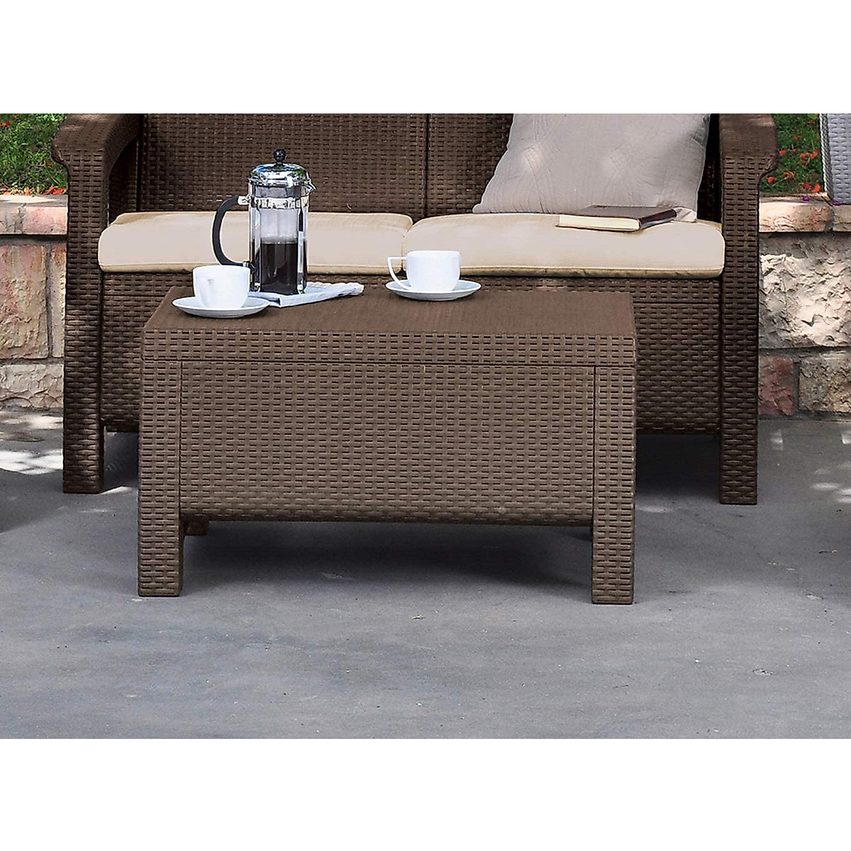 Keter Corfu Coffee Table Modern All Weather Outdoor Patio Garden Backyard Furniture, Brown