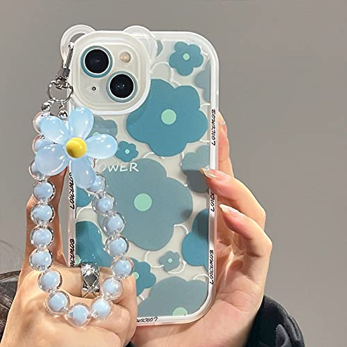 NITITOP Compatible for iPhone 13 Case Clear Floral Bear Camera Lens Case with Lovely Flower Bracelet Chain for Women Girls, Soft TPU Shockproof Cover-Blue