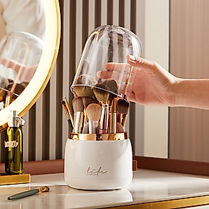 CAFINY 360 Rotating Makeup Brush Holder Organizer with Lid Large Capacity Cosmetic Brush Organizer with 7 Compartments Brush Display Bucket for Vanity