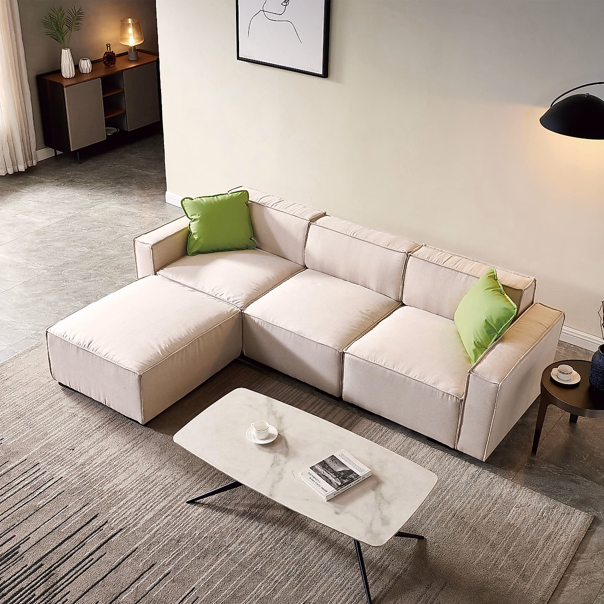 Myshle Faux Leather Fabric Reversible 4 Seater Sectional Couch with Storage, Modular Sofa L Shape with Convertible Ottoman Chaise, Beige