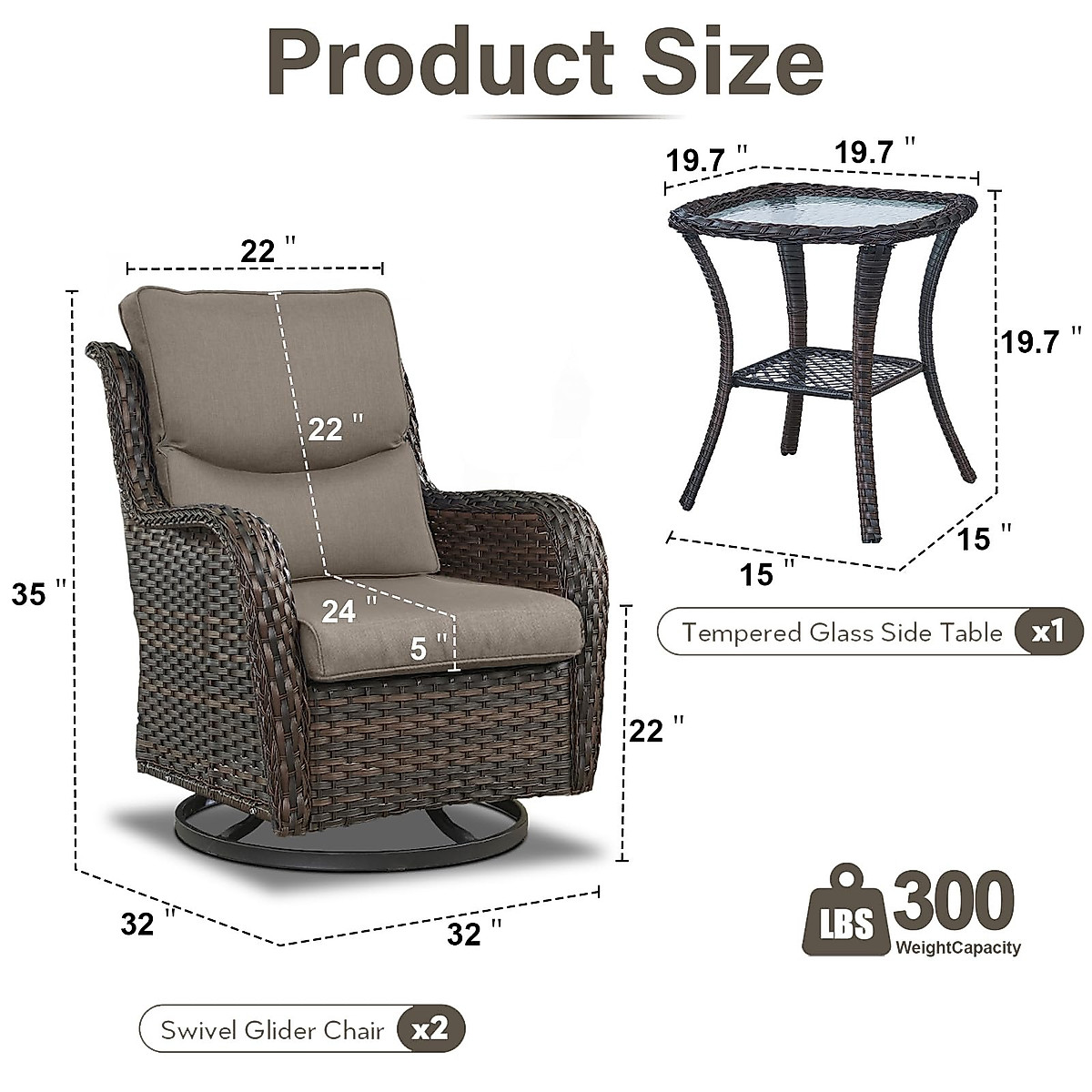 Artfurniz Outdoor Swivel Rocker Patio Chairs with 5" Thick Cushion - 3 Piece Wicker Bistro Set with Side Table, High Back Comfty Outdoor Glider Chairs for Balcony, Porch, Deck, Poolside - Brown/Gray