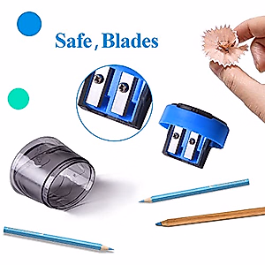 Pencil sharpeners, [12 Pack] Double Hole Coloured Pencil Sharpener with Container, Safety Sealed Blade Sharpener with Cover, Rubber and Sharpener Manual Sharpener for Kids School Stationery Multipack