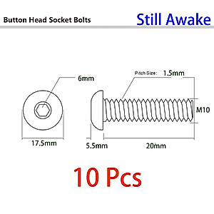 10 Pcs M10-1.5 x 20mm Button Head Socket Cap Screws, 10.9 Grade Alloy Steel, Allen Socket Drive, Black Oxide Finish, Full Thread (10.9 Grade,M10-1.5 x 20mm,10 Pcs)
