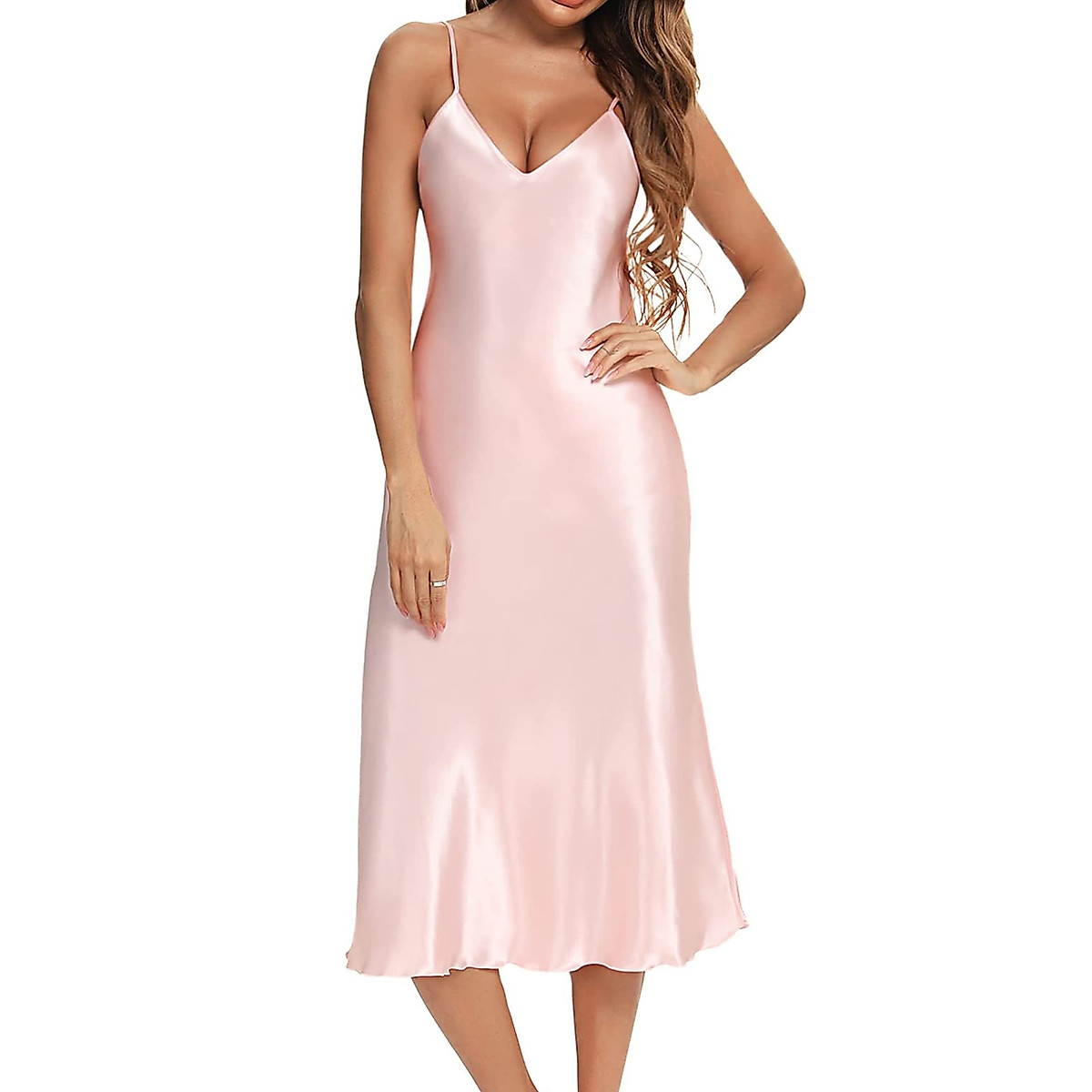 Litherday Satin Slip Gress Lingerie Silk Nightgown Long Silk Slip Dress Nightdress Spaghetti Strap Silky Sleep Dress Chemise Nighties Soft V Neck Nightwear Pink-long
