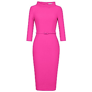 MUXXN Women's Elegant Midi 3/4 Sleeves Bodycon Sheath Pencil Vintage Cocktail Wedding Guest Dresses Hot Pink S