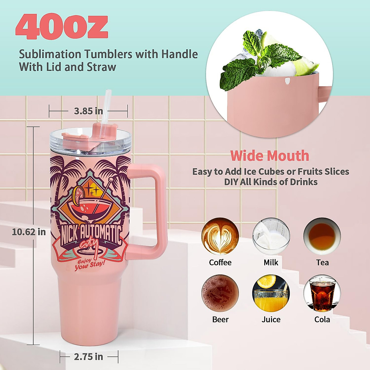 FECBK 40 oz Sublimation Tumbler with Handle 2 Pack Sublimation Tumblers Blanks with Straw and Lid Stainless Steel Insulated Travel Mug Cups for Keep Hot/Cold Hours, DIY Gift(Macaron-Pink)