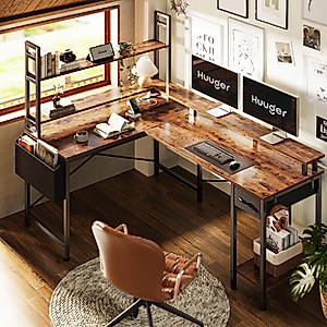 Huuger L Shaped Desk Computer Desk with LED Lights & Power Outlets, Gaming Desk with Storage Shelves, Corner Desk Home Office Desks for Bedroom, Rustic Brown
