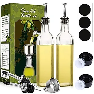 [2 PACK]AOZITA 17 oz Glass Olive Oil Dispenser Bottle Set - 500ml Clear Oil & Vinegar Cruet Bottle with Pourers, Funnel and Labels - Olive Oil Carafe Decanter for Kitchen