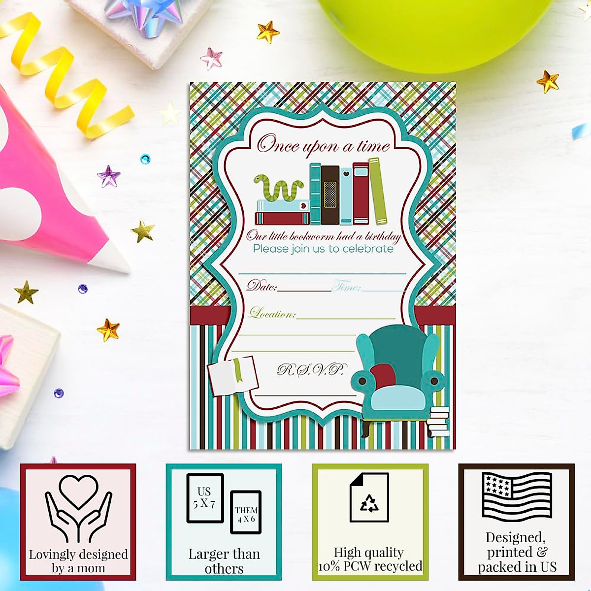 Our Little Bookworm Reading Book Lover Birthday Party Invitations, 20 5x7 Fill In Cards with Twenty White Envelopes by AmandaCreation