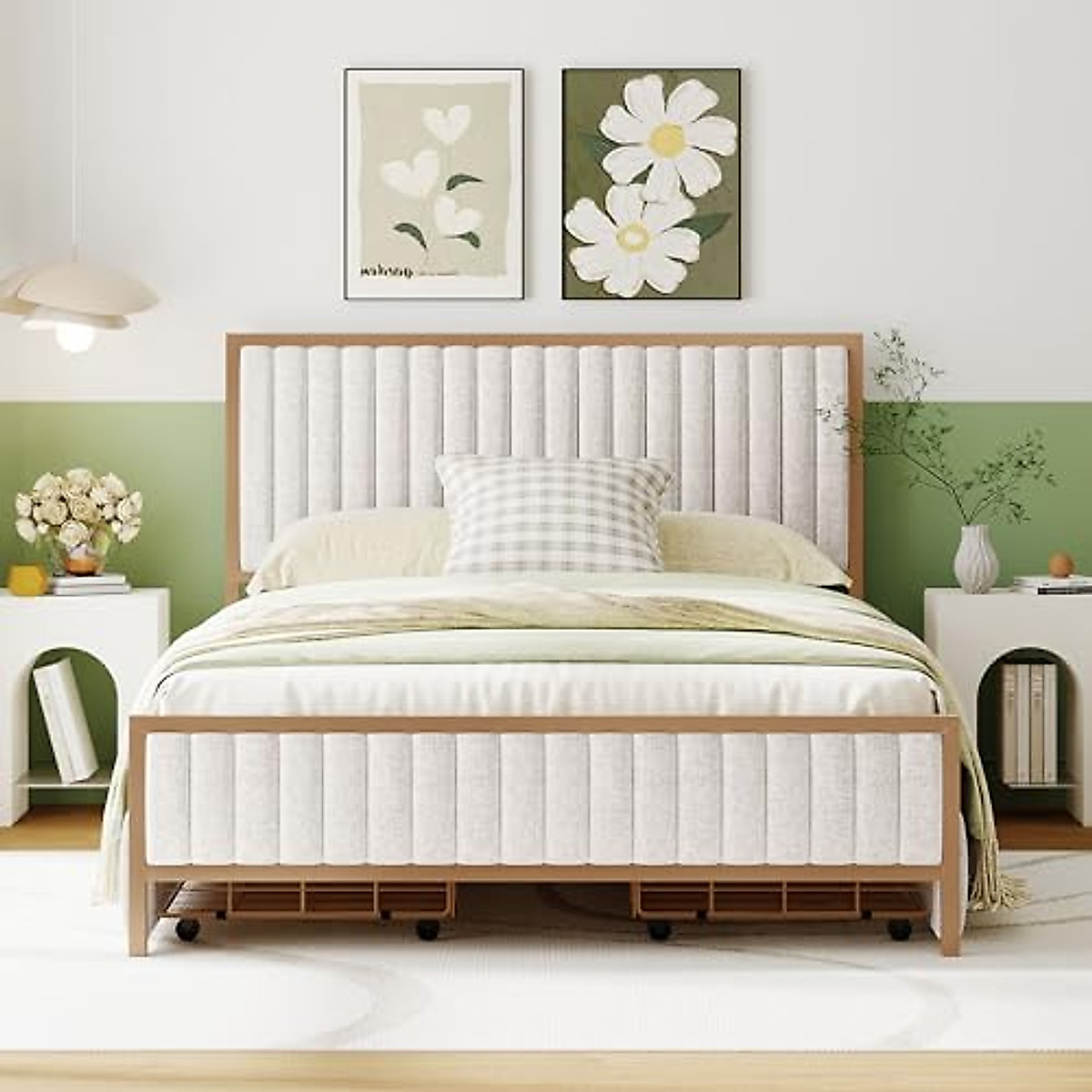 SIYSNKSI Full Size Metal Frame Upholstered Bed with 4 Drawers, Linen Fabric Platform Bed with Metal Slats Support and Headboard, Storage Platform Bed for Kids Teens Bedroom (Beige + Linen-C14)