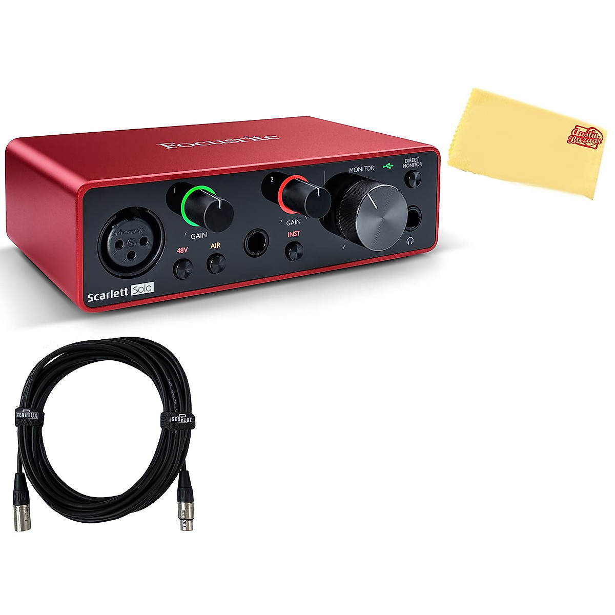 Focusrite Scarlett Solo 3rd Gen 2-in, 2-out USB Audio Interface Bundle with XLR Cable and Austin Bazaar Polishing Cloth