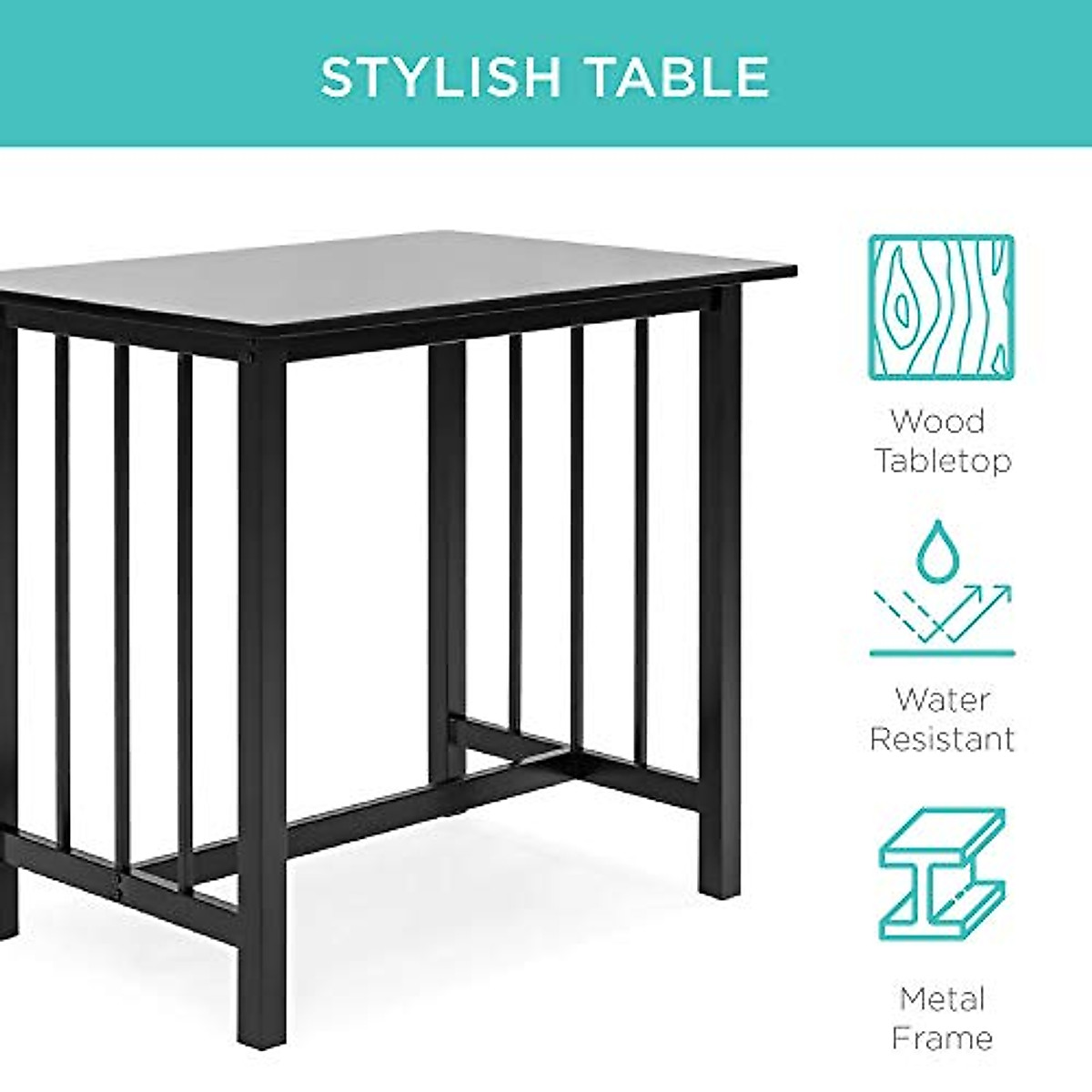 Best Choice Products 3-Piece Counter Height Dining Table Furniture Set for Kitchen, Bar, Bonus Room w/ 2 Faux Leather Backless Stools, Compact, Space-Saving Design - Black