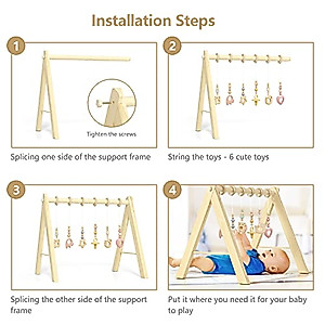 BESFAN Wooden Baby Gym with 6 Toys, Foldable Baby Play Gym Frame Activity Center Hanging Bar Newborn Gift, Wooden Baby Hanging Toys for Play & Learn