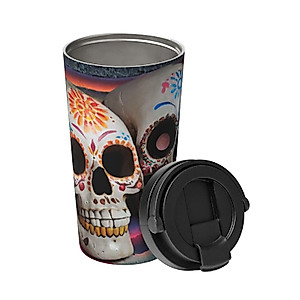Insulated Coffee Mug Skull. 17oz Double Wall Vacuum Stainless Steel Tumbler With Leak-Proof Lid And Handle, Cute Travel Thermos Mug For Cold Hot Drinks