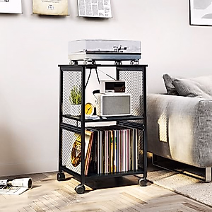 TC-HOMENY Vinyl Record Storage Table, 3-Tier Record Player Stand with 3 Quick-Release Divider Up to 200 Albums, Fashion Turntable Stand for Bedroom Living Room and Office