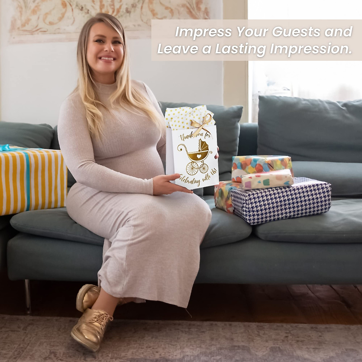 25 Pack Baby Shower Gifts Bag with Tissue Paper and Ribbons - Gold Baby Shower Gifts Bags Medium Size - Baby Gift Bags for Baby Shower, Baby Boy Gift Bag, Baby Girl Gift Bag, Gender Reveal Gift Bag Bulk (8"L x 4.5"W x 10"H, White)