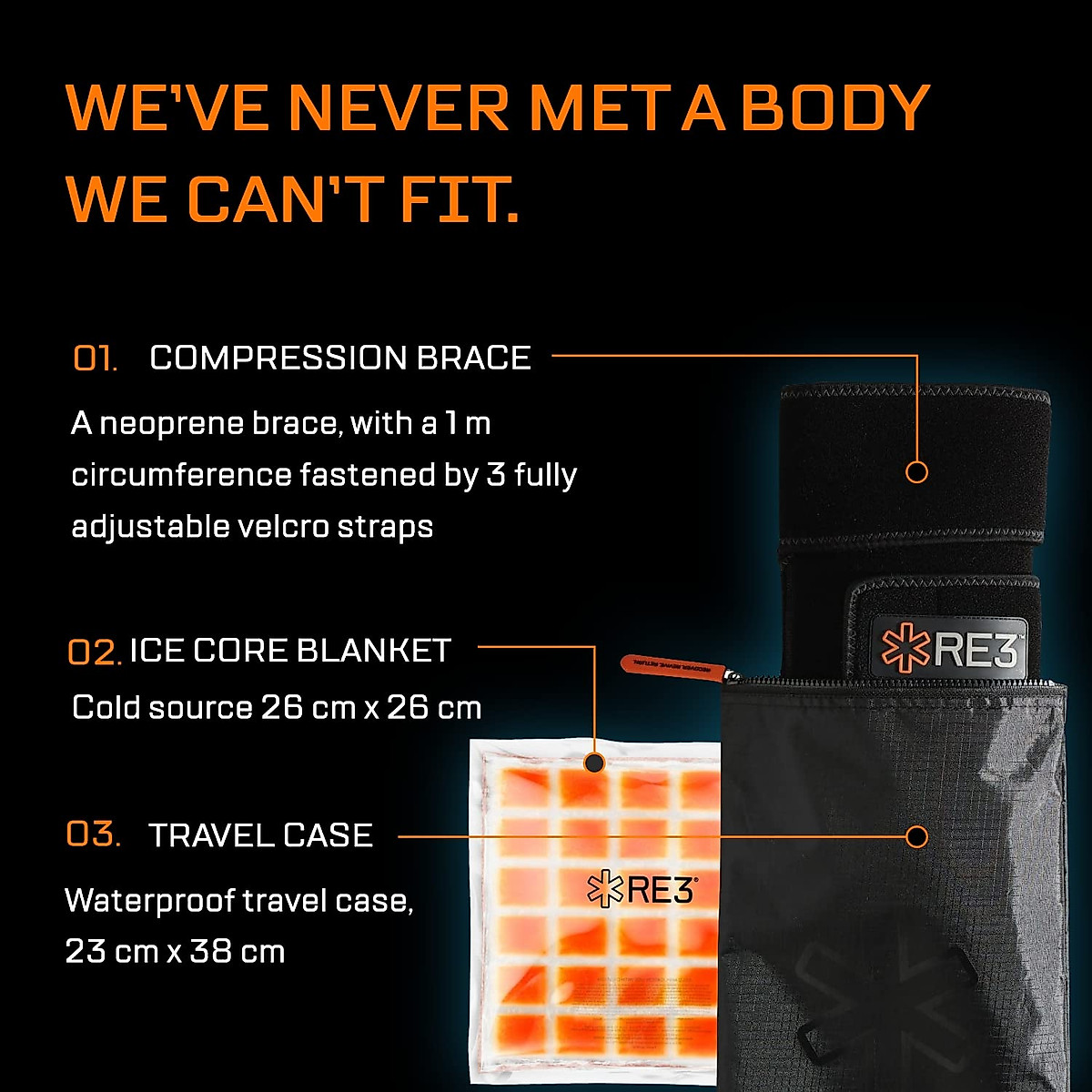 RE3 Ice Compression Pack for Knee, Arm & Leg - Powerful & Effective Cold Compression Cryotherapy Wrap for Chronic Pain, Knee Replacement, Tendinitis, Arthritis of the Knee, Sports Injury, Swelling, Ice Core Blankets - Black, One Size