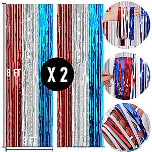 Dazzle Bright 2 Pack Backdrop Curtain, 3FT x 8FT Metallic Tinsel Foil Fringe Curtains Photo Booth Background for Baby Shower Birthday Wedding 4th of July Party Decorations (Red White and Blue)