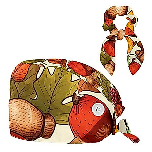 Happy Thanksgiving Acorns Bouffant Working Cap with Ribbon Tie for Women Long Hair, Scrub Surgical Hat, One Size Head Cover