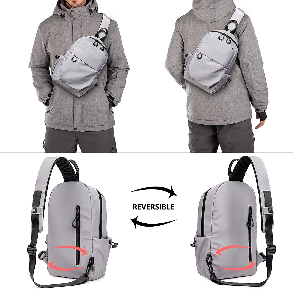 CANTLOR Men Small Sling Bag Crossbody Backpack Gym Mini Travel Backpack With Outside Pockets Shoulder Bag One Strap For Walking Hiking(991801silver)