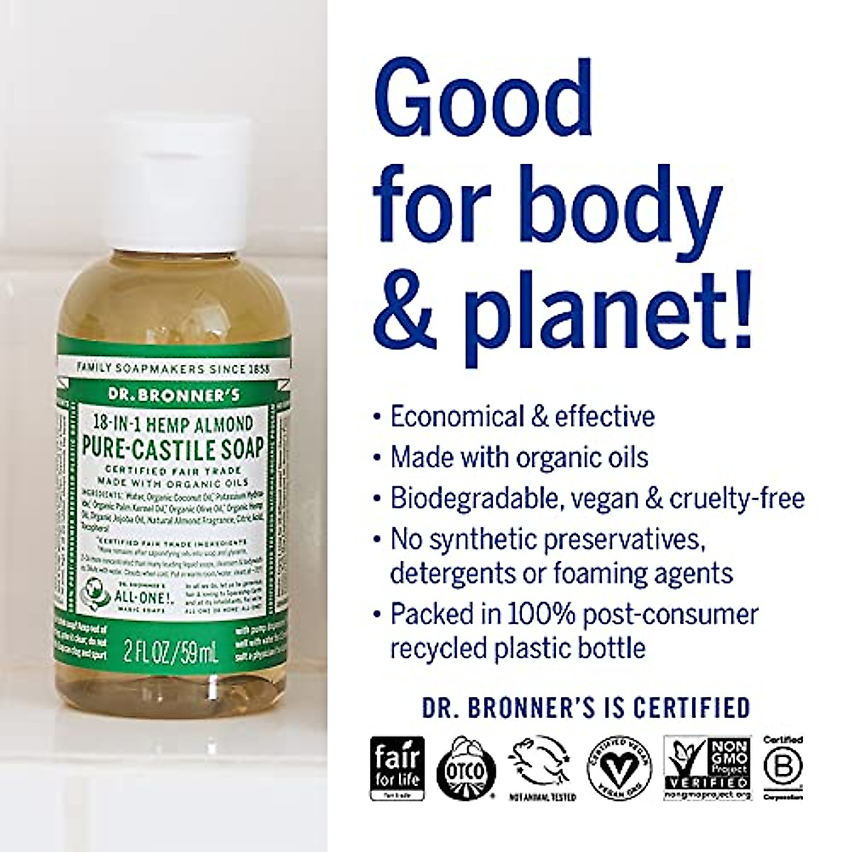 Dr. Bronner's - Pure-Castile Liquid Soap (2 Ounce Variety Gift Pack) Almond, Unscented, Citrus, Eucalyptus, Lavender, Peppermint, Rose, Tea Tree - Made with Organic Oils, For Face, Body and Hair