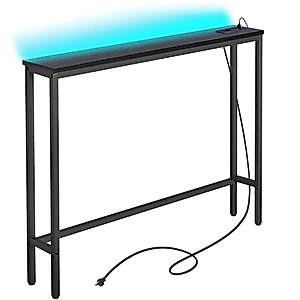 ELYKEN 5.9" Narrow Console Sofa Table with 7 Colors LED Light Strip, 5.9" Dx39.4”Wx31.1”H Long Behind Couch Table with Power Outlet&USB Port, Skinny Table Metal Frame 6.5’ Power Cord