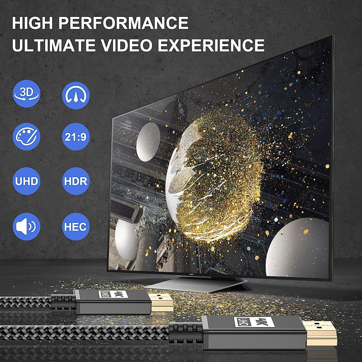 sweguard HDMI Cable 10ft [4K@60Hz, 1080P@144Hz], 4K HDMI 2.0 Cable High Speed 18Gbps Gold Plated Nylon Braided Supports HDR,HDCP 2.2, 2160P,3D,ARC for Roku TV PS5 PS4 Xbox HDTV Blu-ray&Monitor-Black