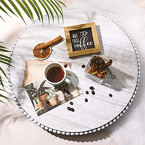 16" Beaded Lazy Susan Wooden Kitchen Turntable 360 Degrees Rotating Table Spinner Tray Round Kitchen Organizer Farmhouse Lazy Susan for Table Cabinet Spice Pantry Counter Storage Organization (White)