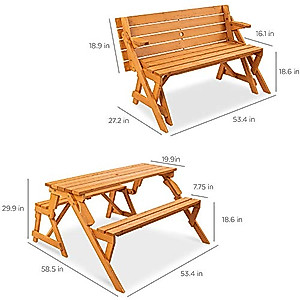Best Choice Products 2-in-1 Transforming Interchangeable Outdoor Wooden Picnic Table Garden Bench for Backyard, Porch, Patio, Deck w/Umbrella Hole - Natural