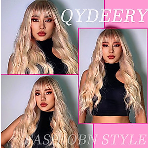 QYDEERY Ombre Blonde Wig with Bangs for Women 613 Synthetic Curly Wigs Long Blonde Wavy Wigs for Cosplay 26 Inch