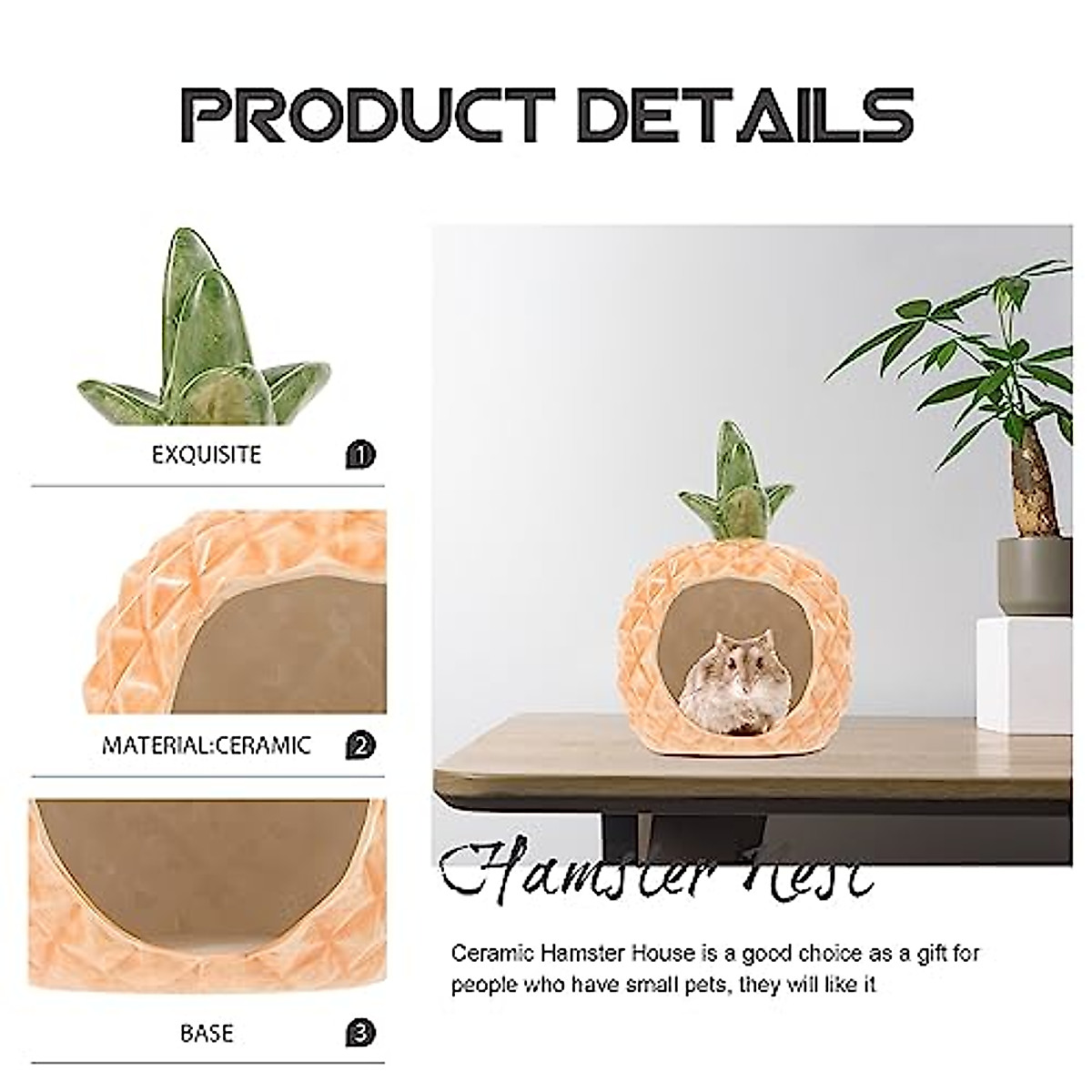 POPETPOP Ceramic Hamster Hideout - Lovely Pineapple Chinchilla Cooling Gerbil House Hamster Bed Room Cage Accessories for Guinea Pig Gerbil Ferret Hamster House