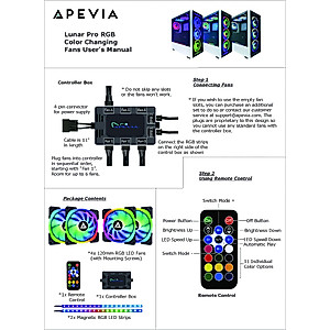 Apevia LP412L2S-RGB Lunar Pro 120mm Silent Dual-Ring RGB Color Changing LED Fan with Remote Control, 28x LEDs & 8X Anti-Vibration Rubber Pads w/ 2 Magnetic LED Strips (4+2-pk)