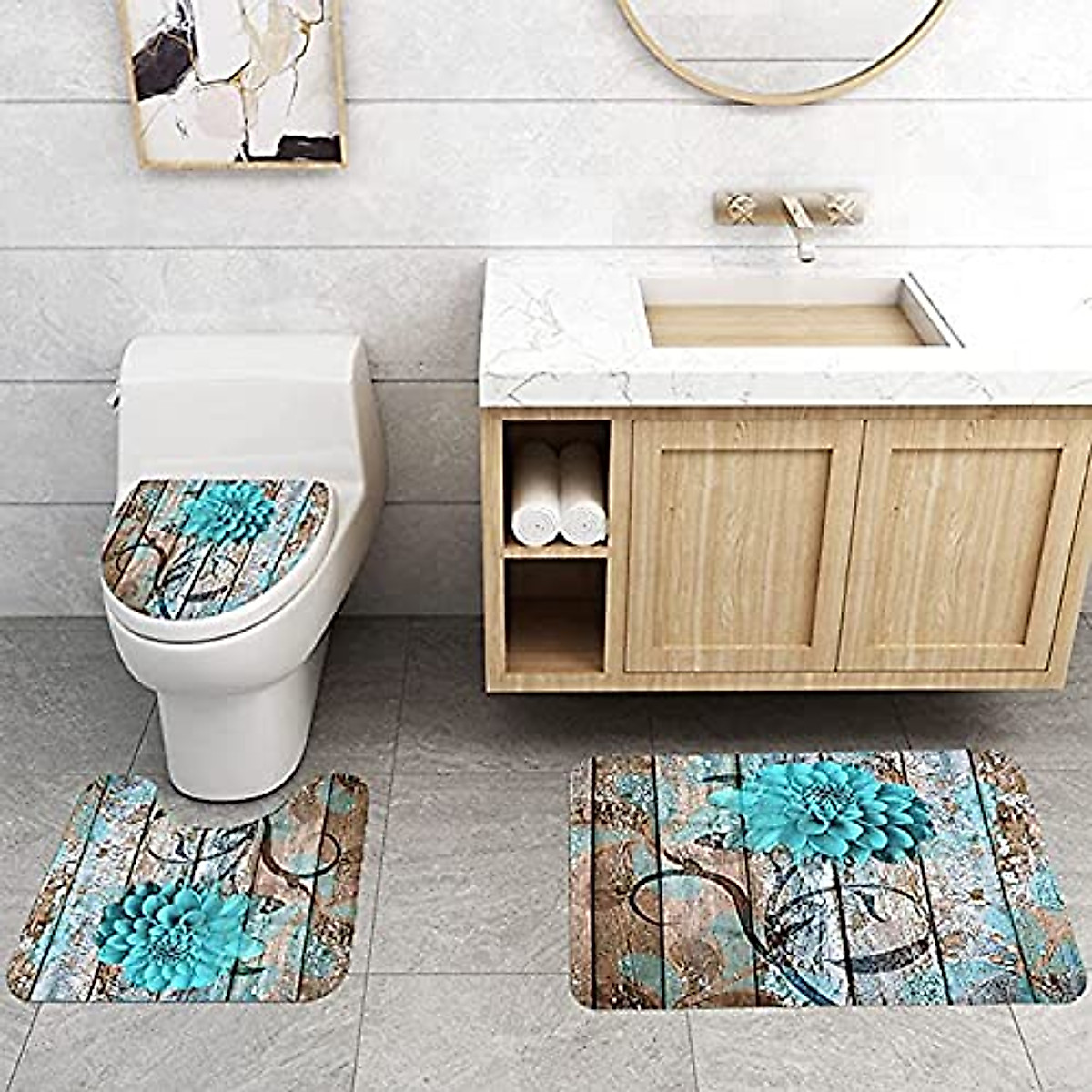 RYSSH 4Pcs Farmhouse Rustic Teal Floral Flower Shower Curtain Sets with Non-Slip Rugs, Toilet Lid Cover and Bath Mat for Bathroom…