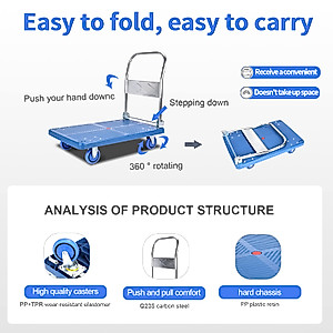Heavy Duty Platform Hand Truck for Moving, Folding Flatbed Dolly with 360 Degree Swivel Wheels Foldable Push Hand Cart for Loading and Storage (L)