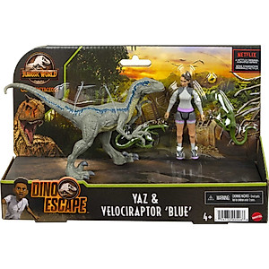 Mattel Jurassic World Camp Cretaceous Yasmina Yaz and Velociraptor Human and Dino Pack with 2 Action Figures, 2 Compys Figures and Accessory, Toy Gift Set and Collectible