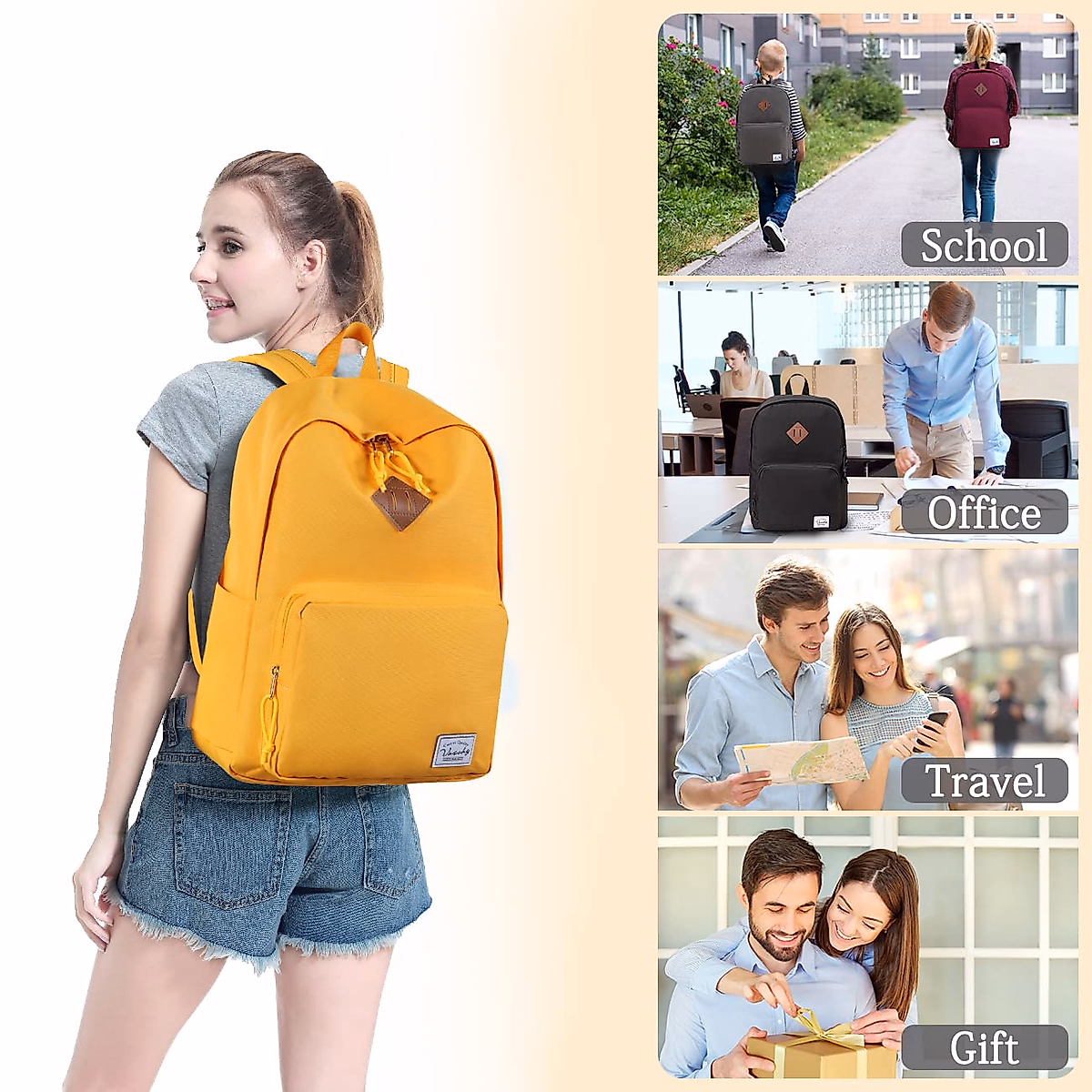 VASCHY School Backpack, Ultra Lightweight Backpack for Women Bookbag for Kids Teen Boys Girls Yellow