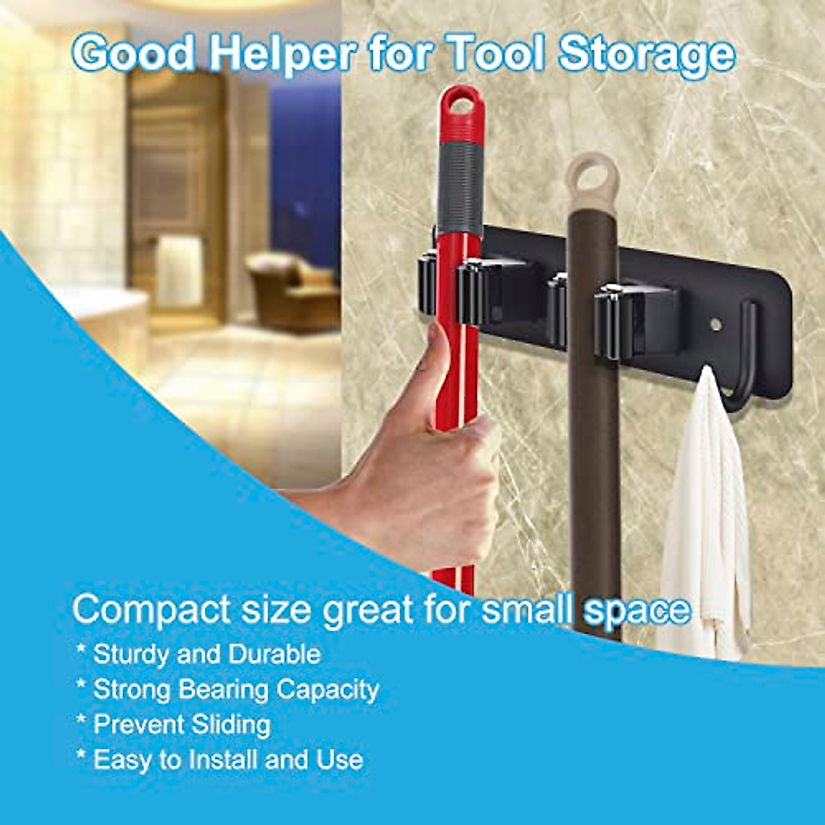 Kozci 2 Pack Broom Holder Wall Mount, Anti-Slip Mop Holder Broom Organizer Wall Mount Self Adhesive Stainless Steel Tool Storage Rack Broom Hanger for Kitchen Garden Garage (2 Racks 1 Hook)