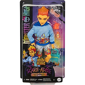 Monster High Scare-adise Island Heath Burns Doll with Flame Hoodie, Swim Trunks & Beach Accessories like Sunglasses