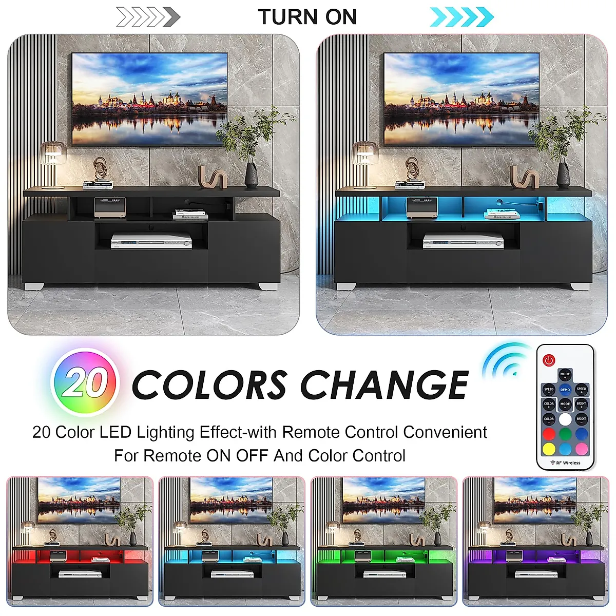 Modern TV Stand with Power Outlet, TV Console with LED Lights, TV Stand for 65 inch TV, Gaming Entertainment Center with Storage Cabinet and Large Storage, TV Stands for Living Room, Bedroom, Black