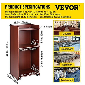 VEVOR Wood Podium, 23.6" x 47.2", Lecterns and Podiums w/ 4 Rolling Wheels, Baffle Plate & Shelf, Easy Assembly Walnut Wood Lecterns for Church, Office, School, Home