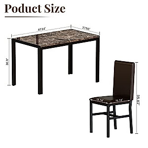 AWQM Dining Table Set for 4, Modern Kitchen Table and Chairs for 4, Faux Marble Table and 4 Upholstered Chairs with Metal Frame, Ideal for Breakfast Nook, Dining Room, Kitchen- Brown