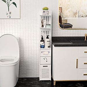 pofluany Small Bathroom Storage Cabinet Beside Toilet with Paper Dispenser, Slim Toilet Paper Storage Corner Floor Cabinet Bathroom Organizer for Small Space, Bathroom, Kitchen, Laundry White