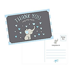Hadley Designs 50 4x6 Elephant Boy Baby Shower Thank You Postcards Bulk, Beautiful Modern Cute Boho Blue Blank Thanks Note Card Stationery Appreciation Set