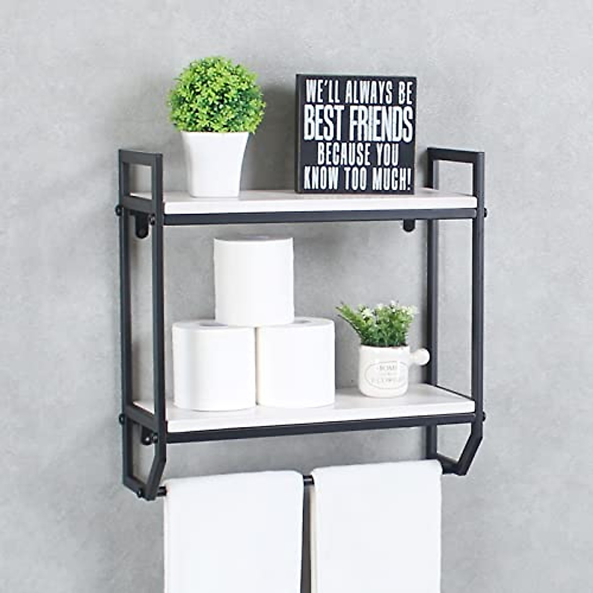 Bathroom Shelves 2-Tier Metal Industrial 16.9" Wall Mounted,Rustic Wall Shelf Over Toilet,Towel Rack with Towel Bar,Utility Storage Shelf Rack,Floating Shelves Towel Holder,Retro White
