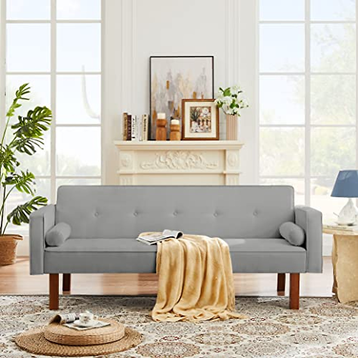 Verfur Upholstered Futon Sofa Bed for Small Spaces,74.4" Button Tufted 3 Seater Convertible Sleeper Couches Loveseat for Living Room,Bedroom and Office, Light Gray