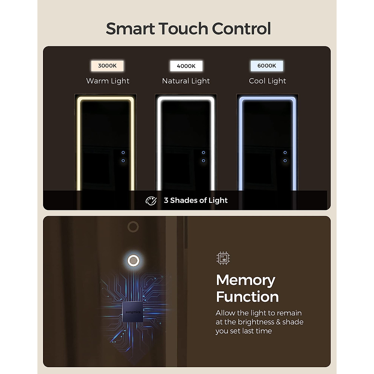 SONGMICS LED Mirror Jewelry Cabinet Standing, Lockable Jewelry Armoire with Full-Length Mirror and Adjustable LED Lights, Space-Saving Jewelry Organizer with Mirror, Gift Idea, Rustic Brown UJJC008X01